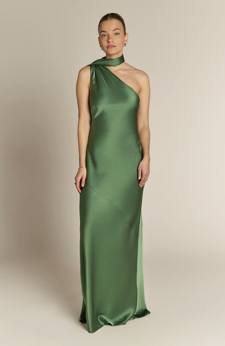 Olive Green Raye One Shoulder Bridesmaid Dress | Rewritten London