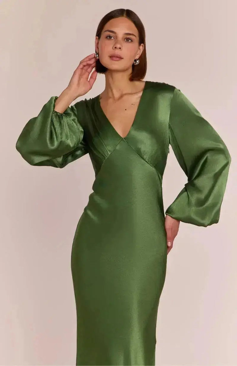 Valencia Long Sleeve Bridesmaids Dress in Olive Green | Rewritten ...