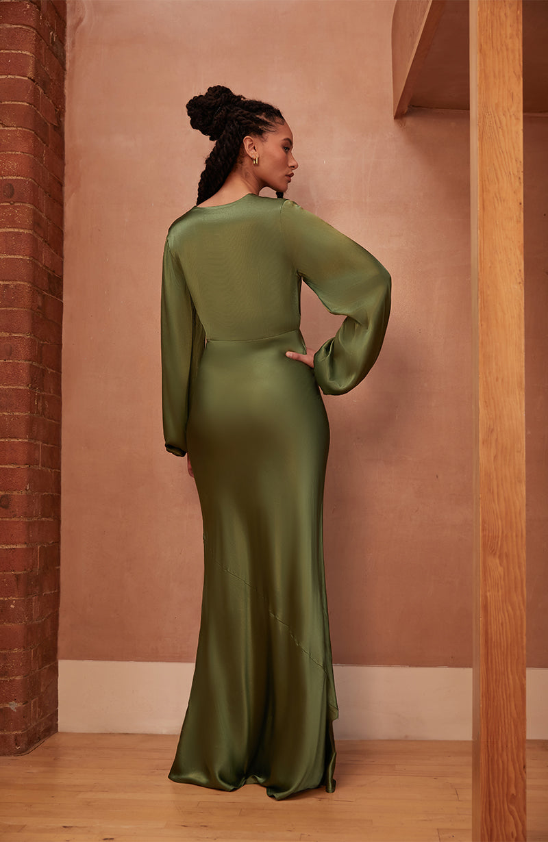 Valencia Long Sleeve Bridesmaids Dress in Olive Green | Rewritten ...