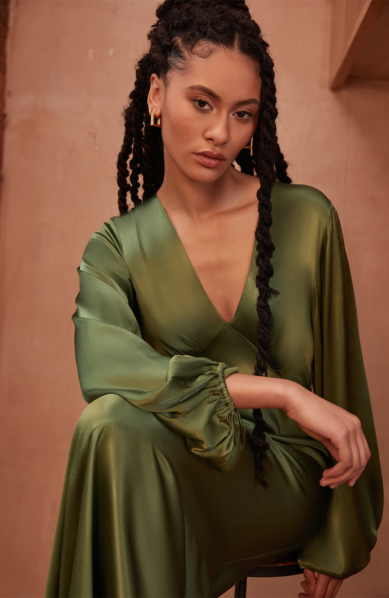 Valencia Long Sleeve Bridesmaids Dress in Olive Green | Rewritten ...