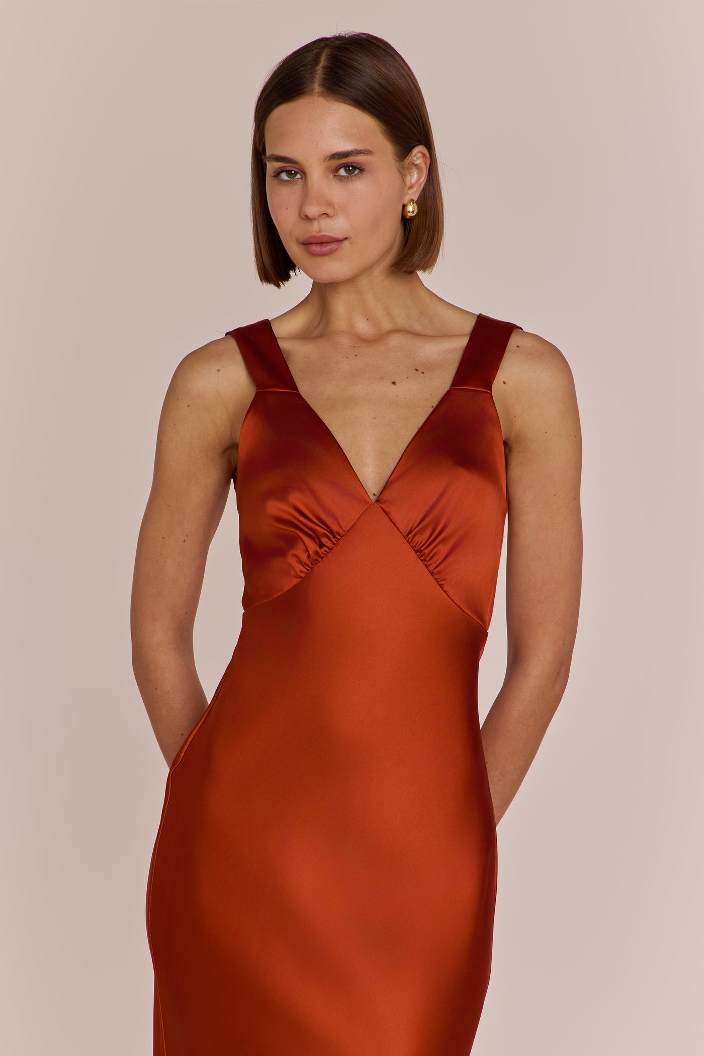 Amelia Burnt Orange Satin Bridesmaid Dress | Bias-Cut Maxi | Sizes 8–20 ...