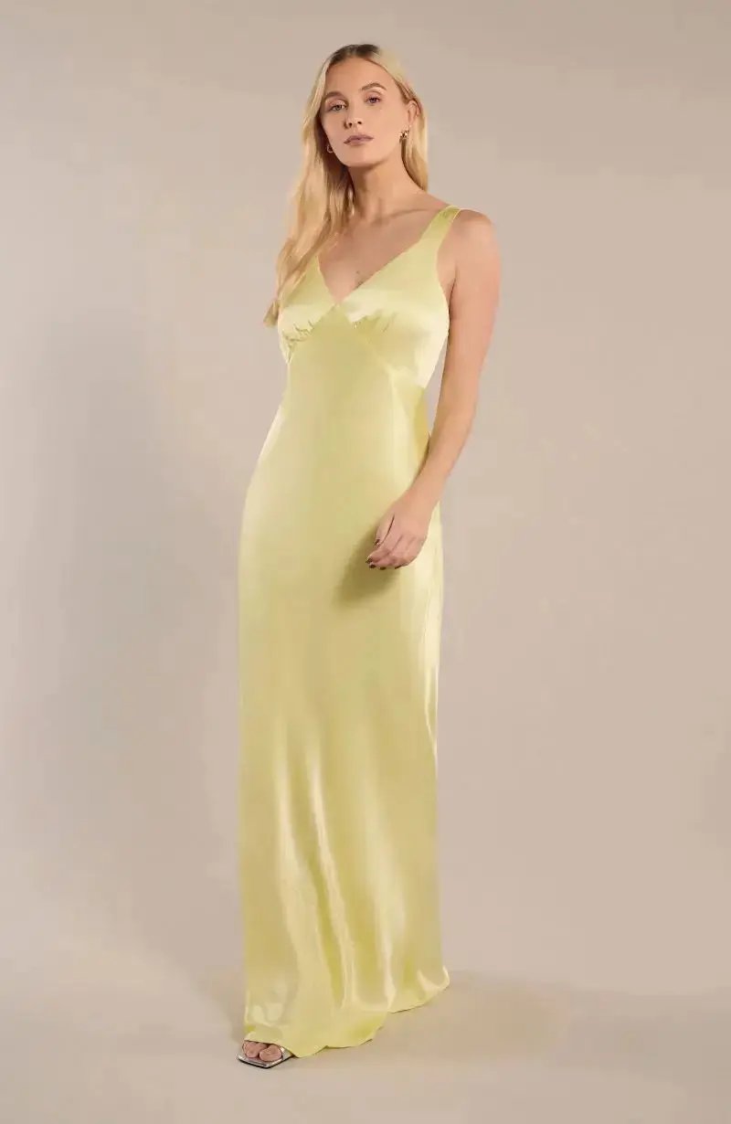 Amelia Dress in Lemonade Yellow Satin | Rewritten London