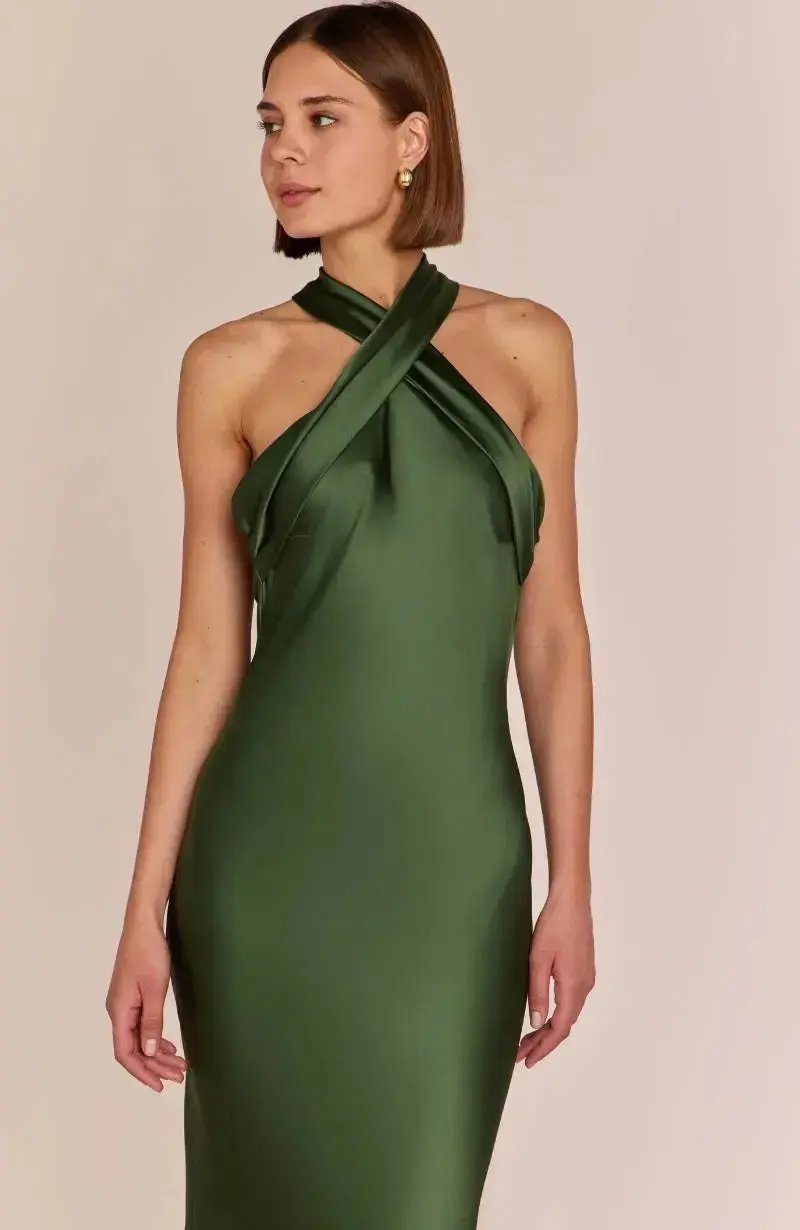 Roma Halterneck Olive Green Bridesmaid Dress | Rewritten London