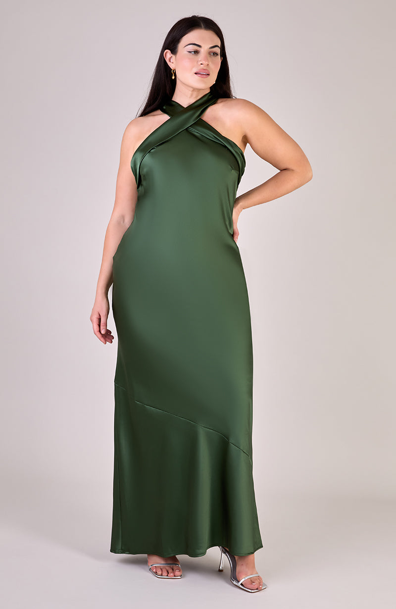 Roma Halterneck Bridesmaids Dress In Olive Green | Rewritten – Rewritten