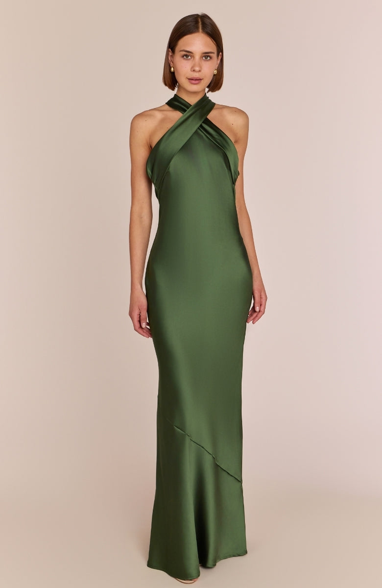 Roma Halterneck Olive Green Bridesmaid Dress | Rewritten London